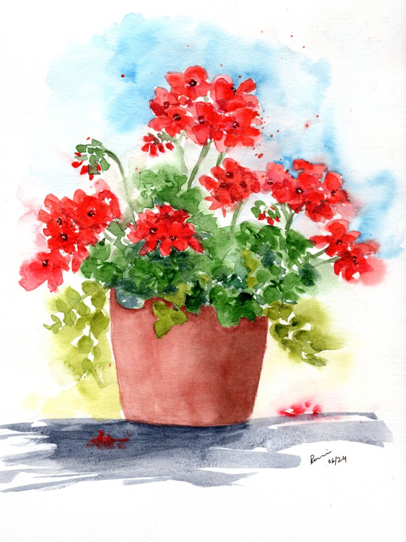 Original Hand-painted Watercolor Geranium in Terracotta Pot (no Frame ...