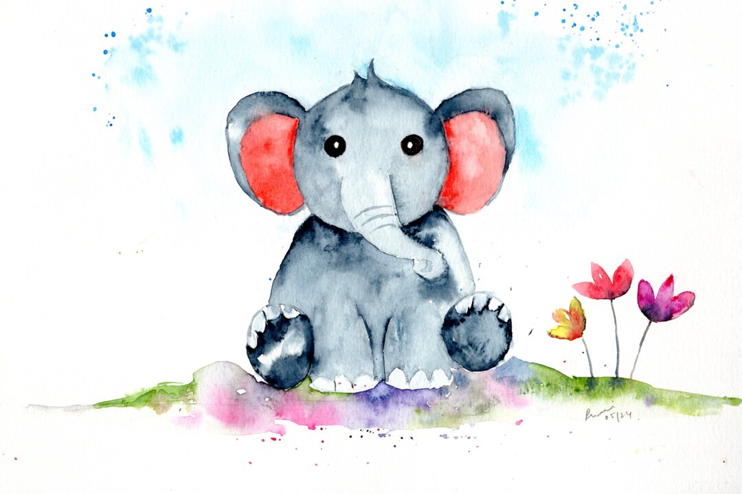 Original Baby Elephant Watercolor Painting: Kid's Room Art (9x12 Inches ...