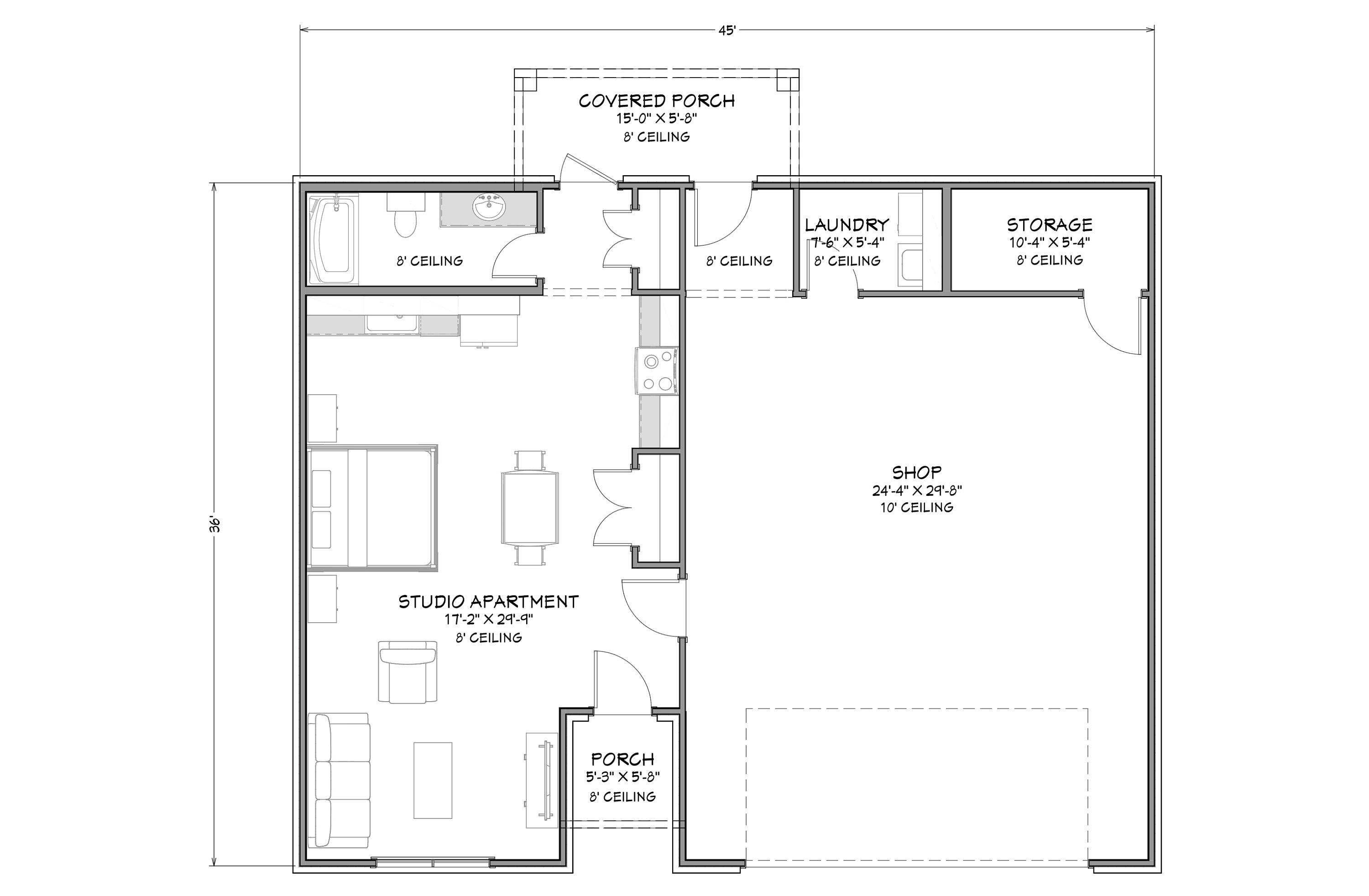 36x45 Garage With Studio Apartment - 680 SF Living Area - PDF Design Plans - Right Read Reverse ...