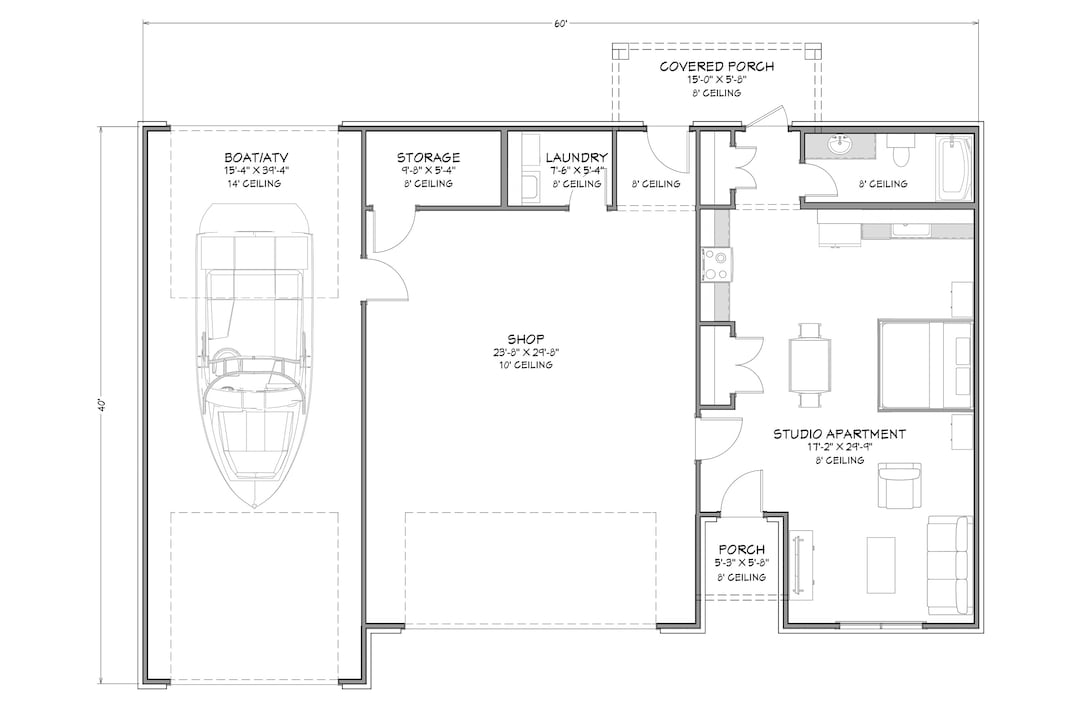 40x60 Boat Garage With Studio Apartment - 680 SF Living Area - PDF Design Plans - Etsy