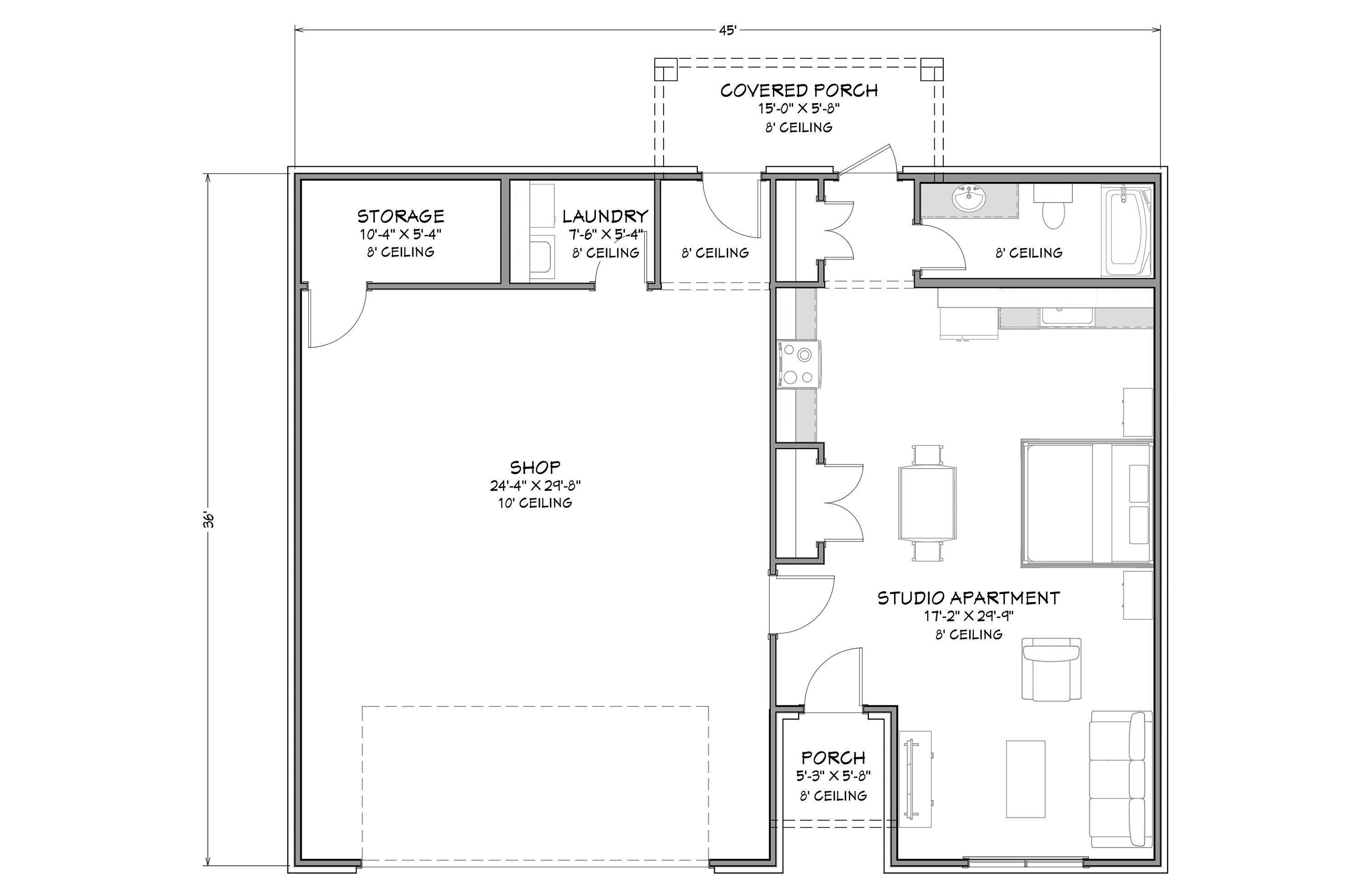 36x45 Garage With Studio Apartment - 680 SF Living Area - PDF Design ...