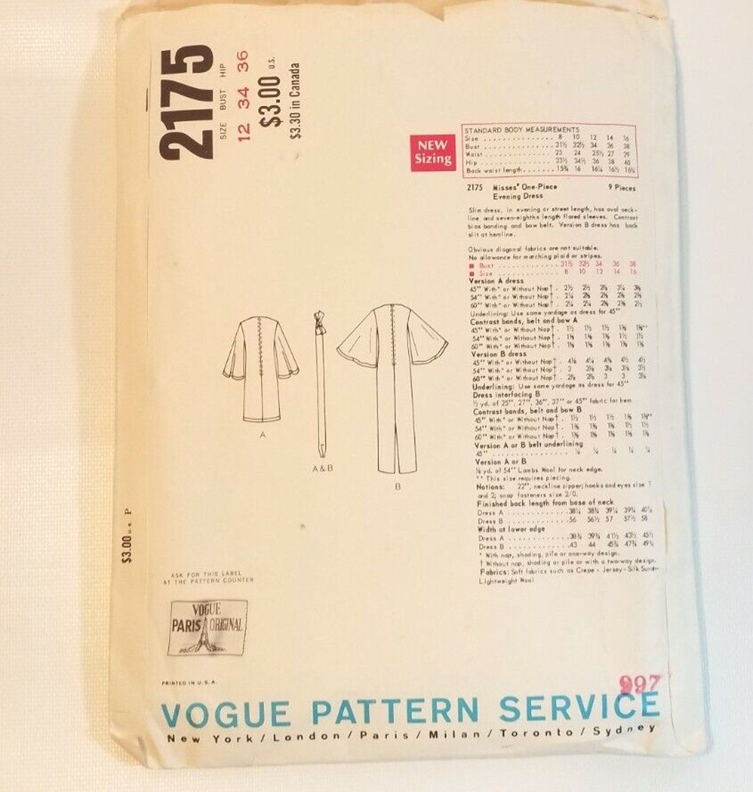 Vogue 2175 Christian Dior Sewing Pattern Dress Size 12 Bust 34 1960s ...