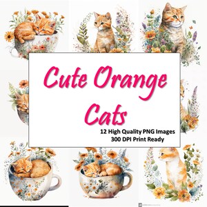 Watercolor Orange Cats Clipart! Set of Adorable Floral Tabby Cats ...