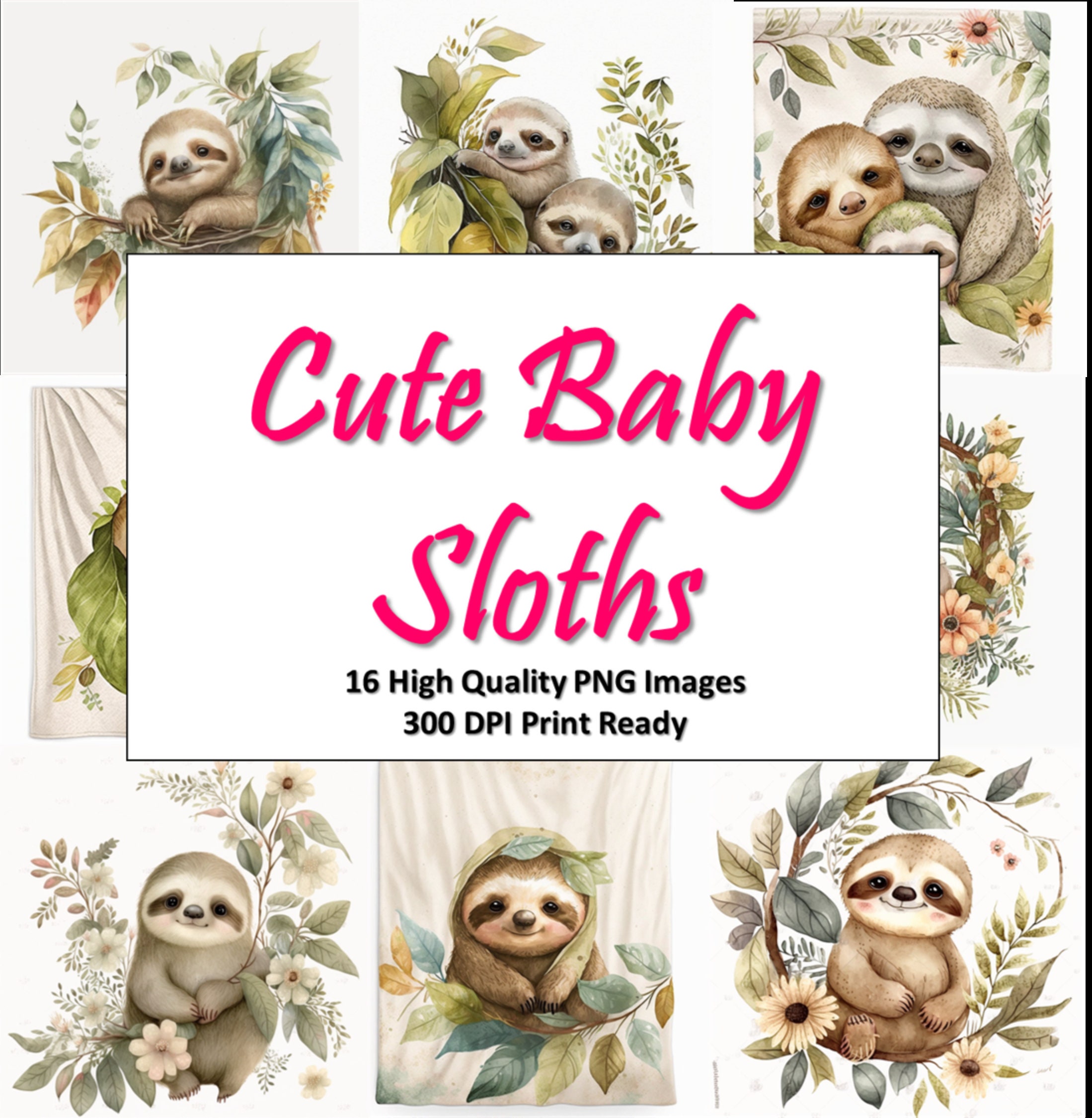 Bundle of Watercolor Baby Sloth Clipart. Instant Download These Cute ...