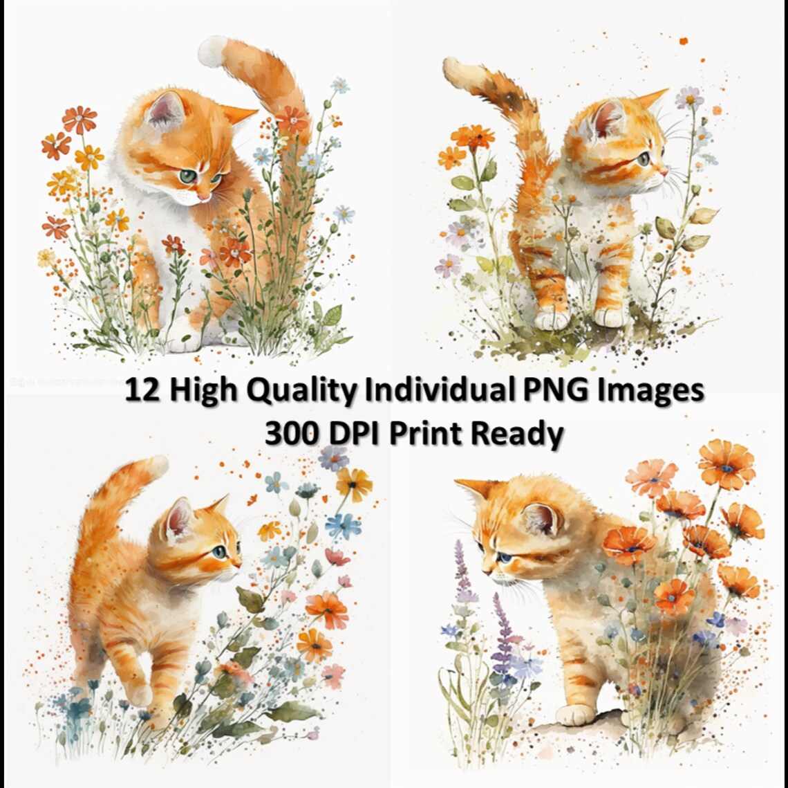 Watercolor Orange Cats Clipart! Set of Adorable Floral Tabby Cats ...