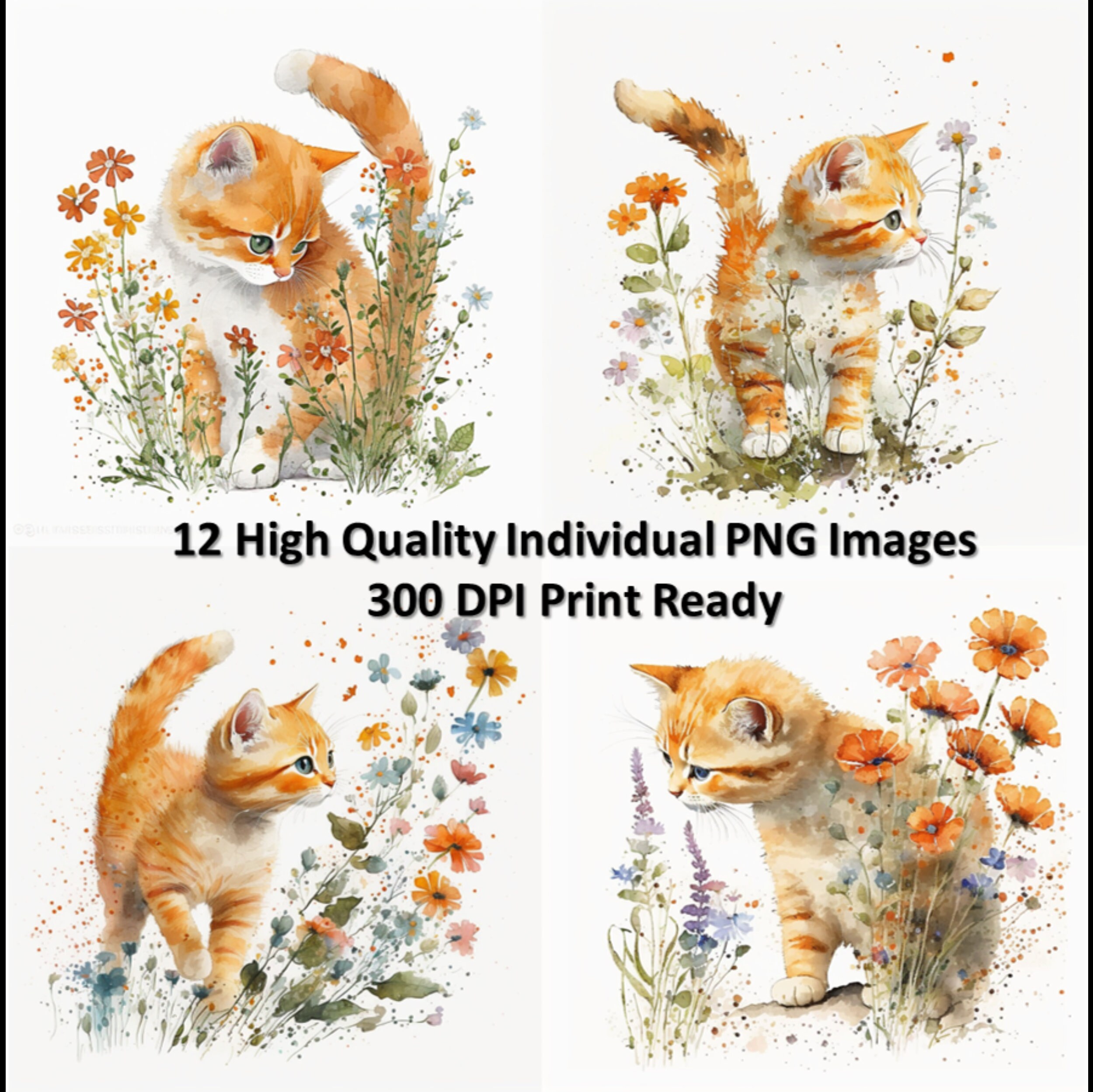Watercolor Orange Cats Clipart! Set of Adorable Floral Tabby Cats ...