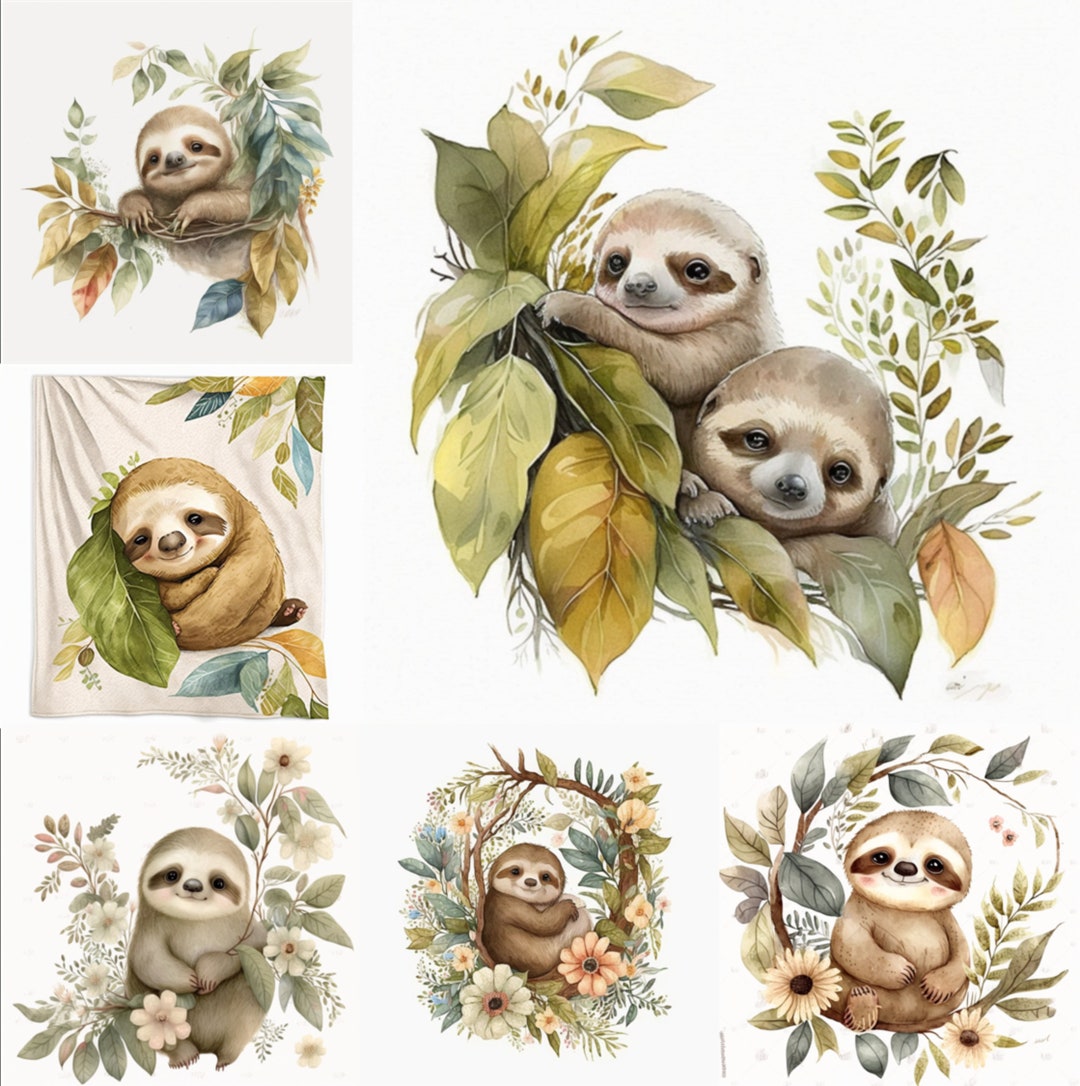 Bundle of Watercolor Baby Sloth Clipart. Instant Download These Cute ...
