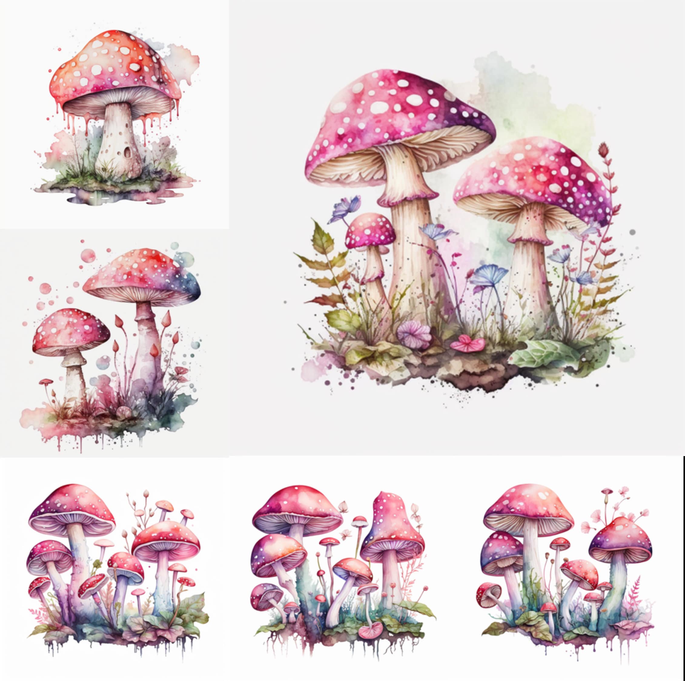 Beautiful Pink Mushroom Watercolor Clipart Set | Fairy Tale Woodland ...