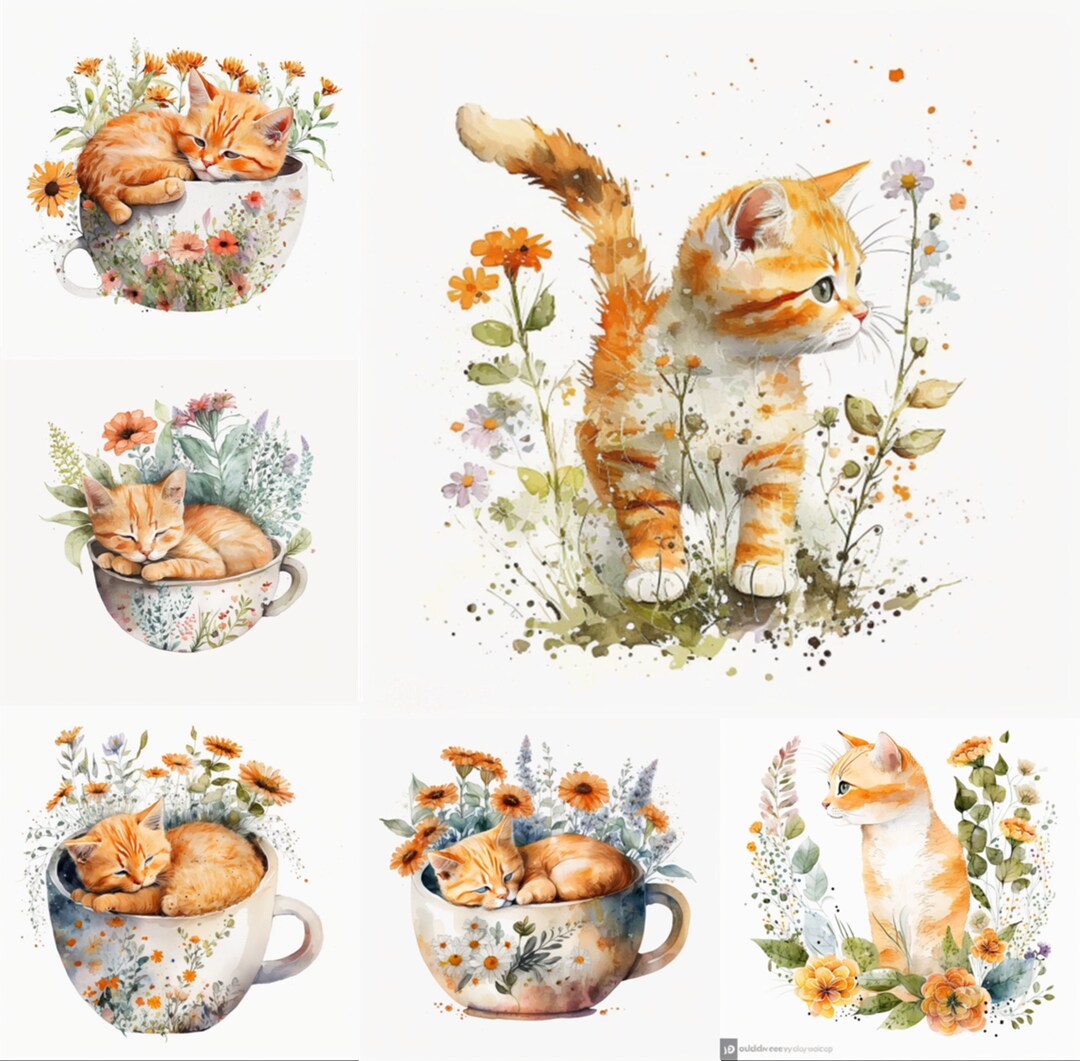 Watercolor Orange Cats Clipart! Set of Adorable Floral Tabby Cats ...