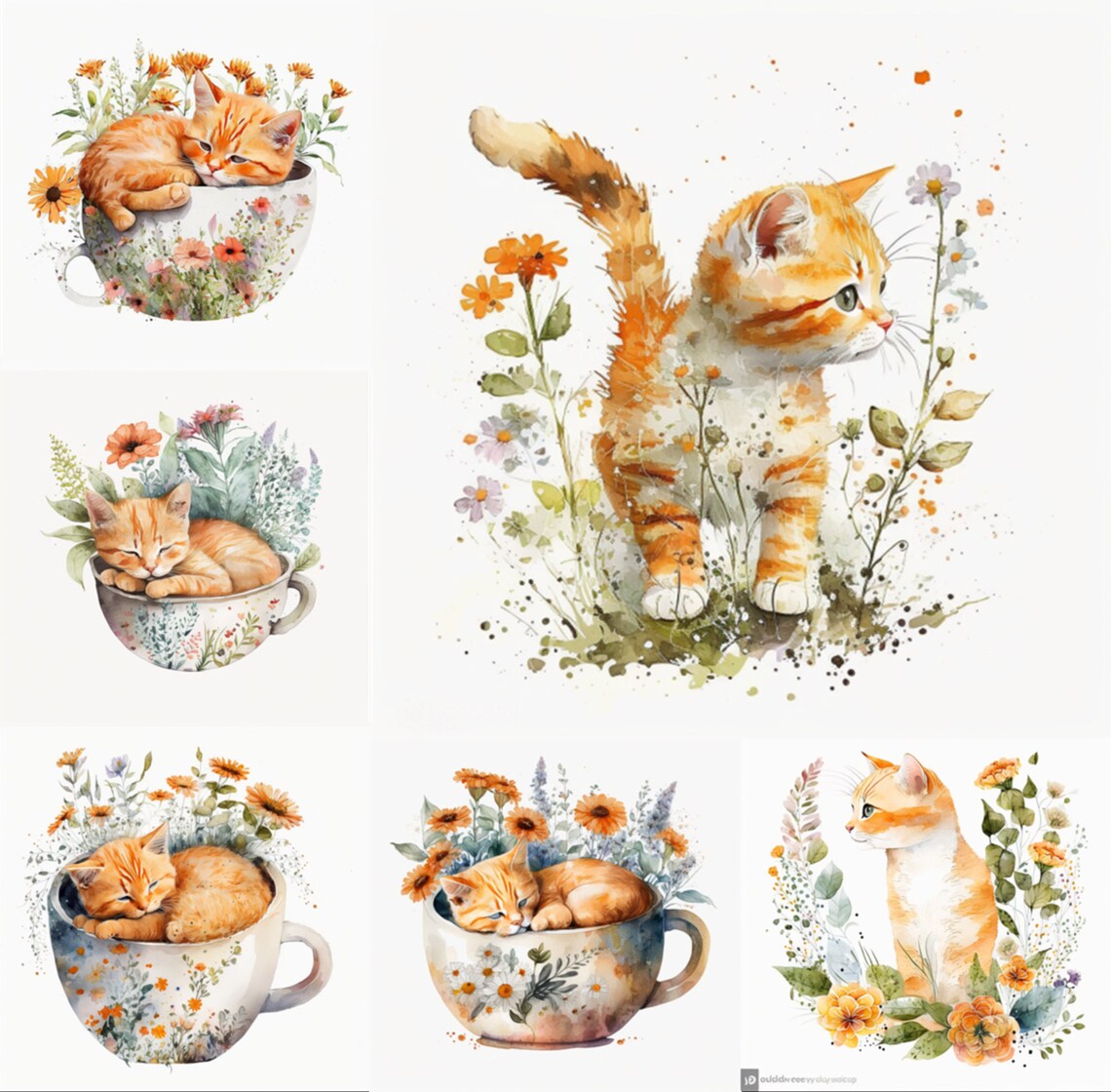 Watercolor Orange Cats Clipart Set of Adorable Floral Tabby - Etsy