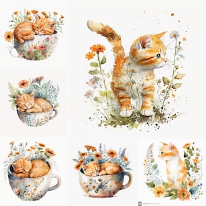 Watercolor Orange Cats Clipart! Set of Adorable Floral Tabby Cats ...