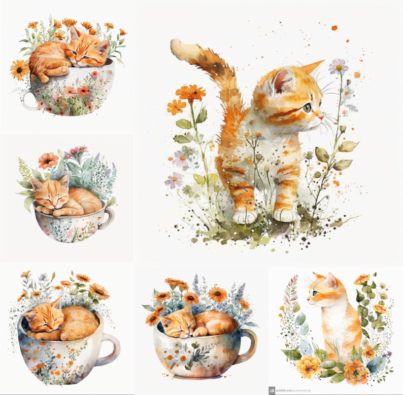 Watercolor Orange Cats Clipart! Set of Adorable Floral Tabby Cats ...