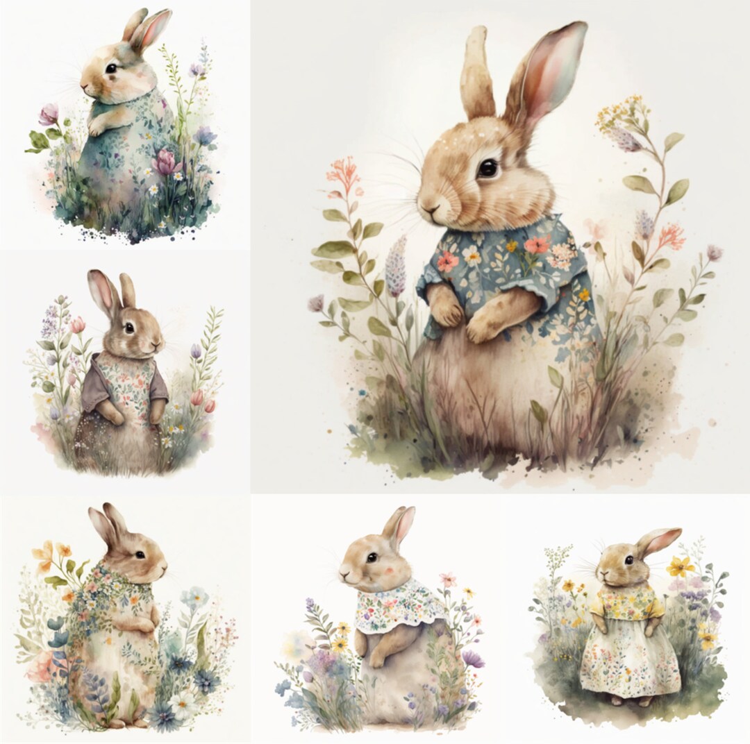 Cute Bunnies Wearing Dresses, 12 PNG Images Featuring Watercolor ...