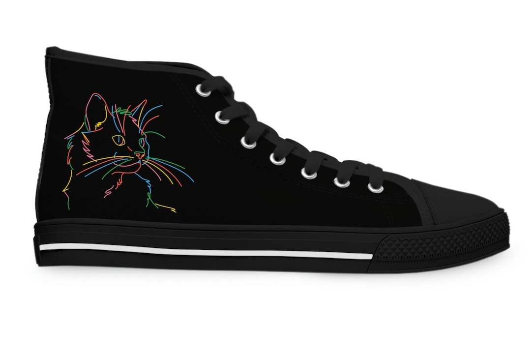 Neon Cat Converse Style Shoes Women, Cat Lovers High Top Sneakers, Gym ...