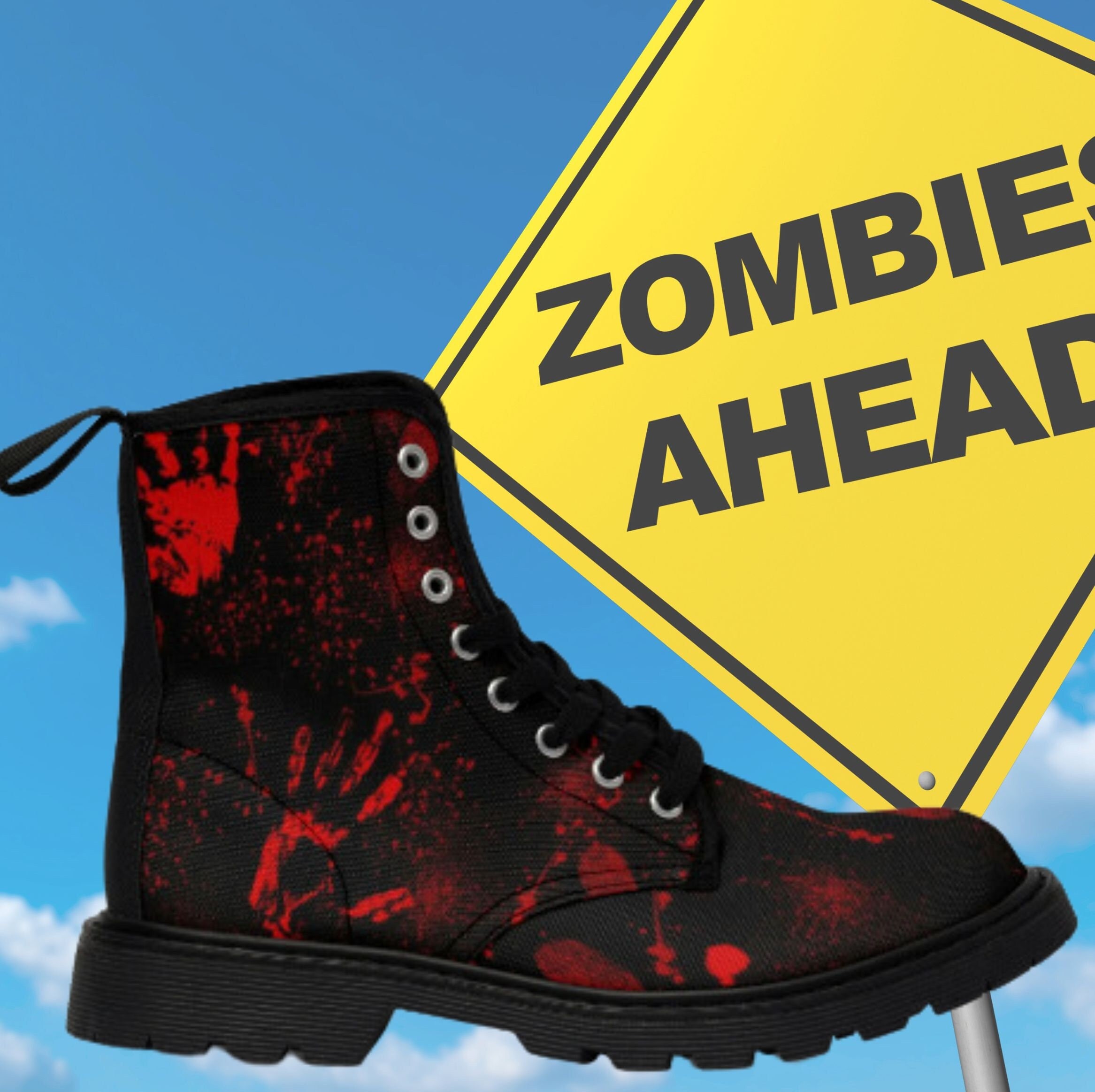 Crime Scene Bloody Hand Pattern Women's Combat Boots, Chunky Low Heel ...