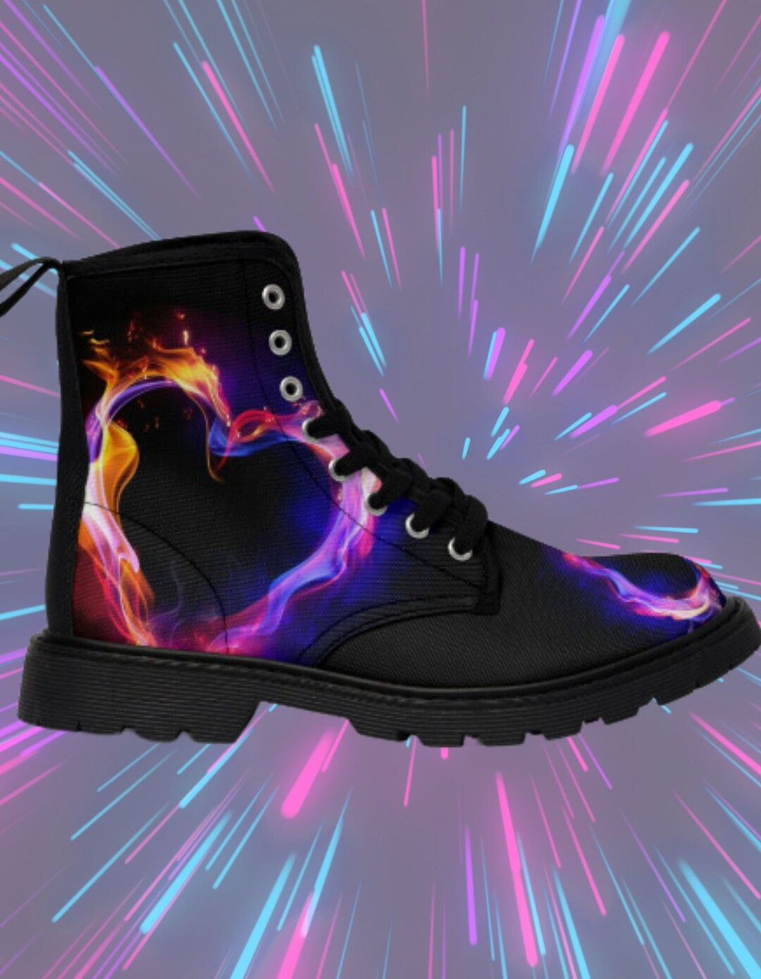 Neon Heart Flame Fire Combat Boots Burning Love Fire Canvas Boots Hot ...
