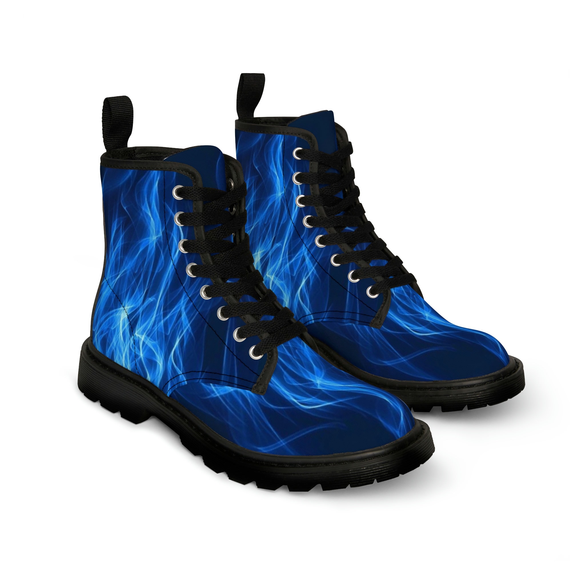 Men's Blue Fire & Flame Printed Chunky Low Heel Combat Boots, Firemen ...