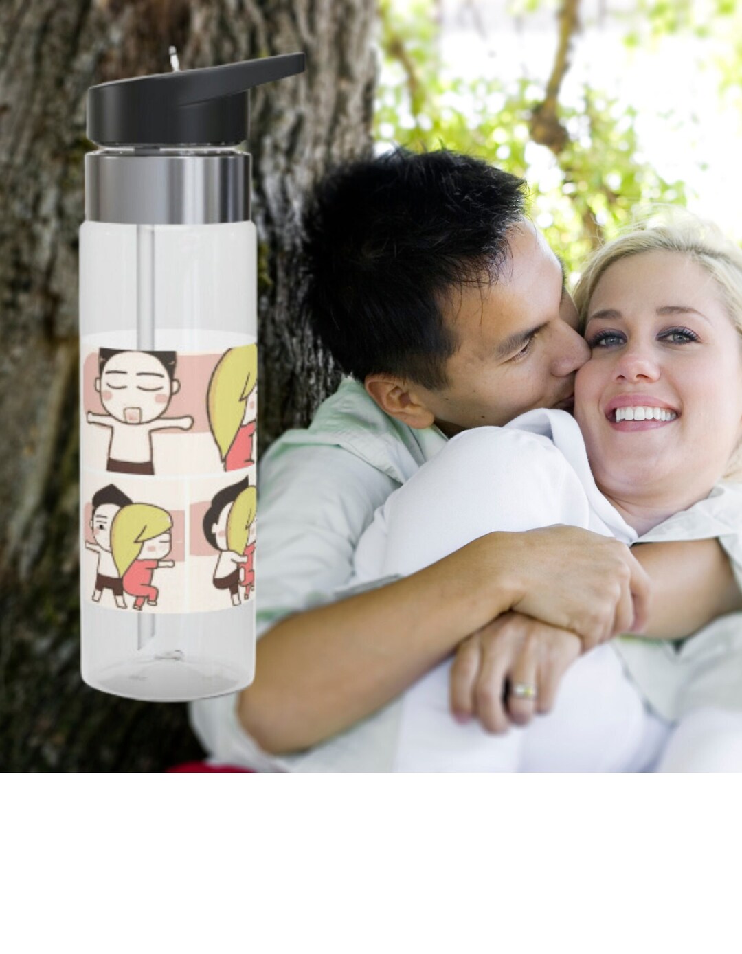 Sports Water Bottle, Liquid Container, Flip Top. Funny Couples Spooning ...