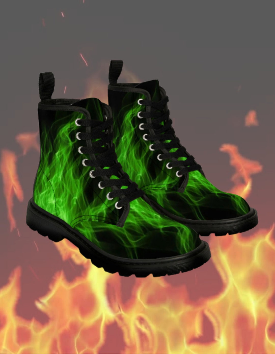 Gothic Style Green Fire & Flames Women Combat Boots Burning Fire Canvas ...