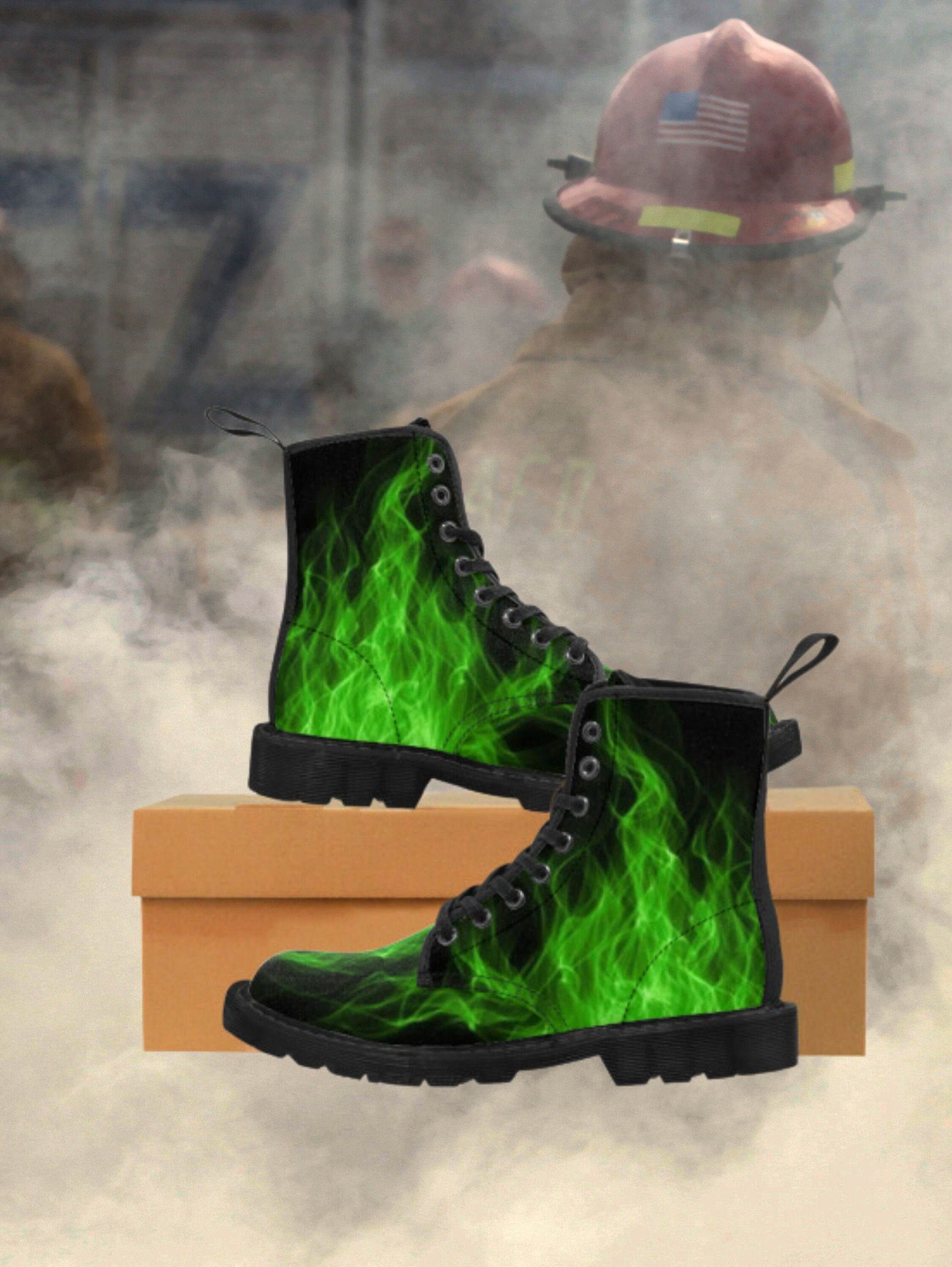 Gothic Style Green Fire & Flames Women Combat Boots Burning Fire Canvas ...