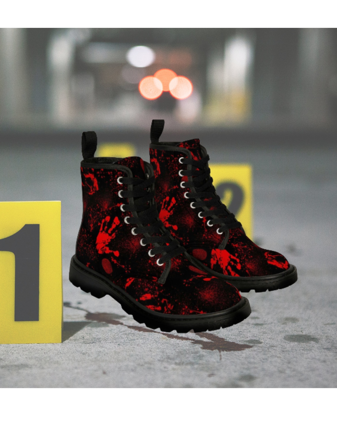 Crime Scene Bloody Hand Pattern Women's Combat Boots, Chunky Low Heel ...