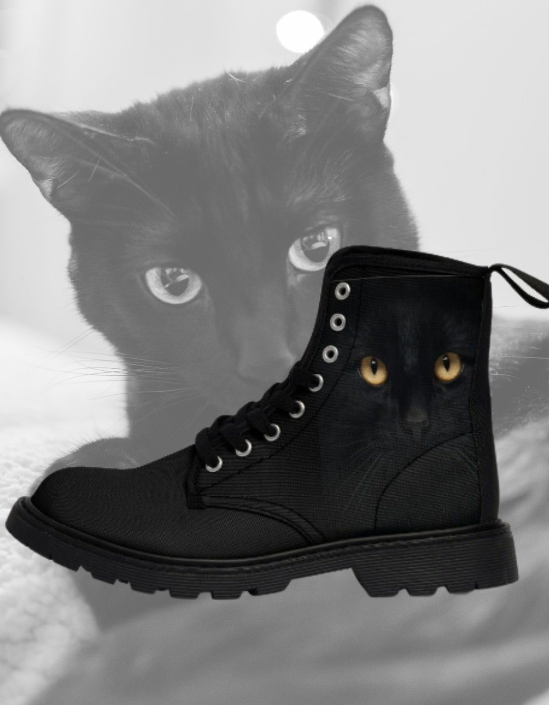 Feline Chic Black Cat Combat Boots Women's Tuxedo Cat Chunky Heel ...