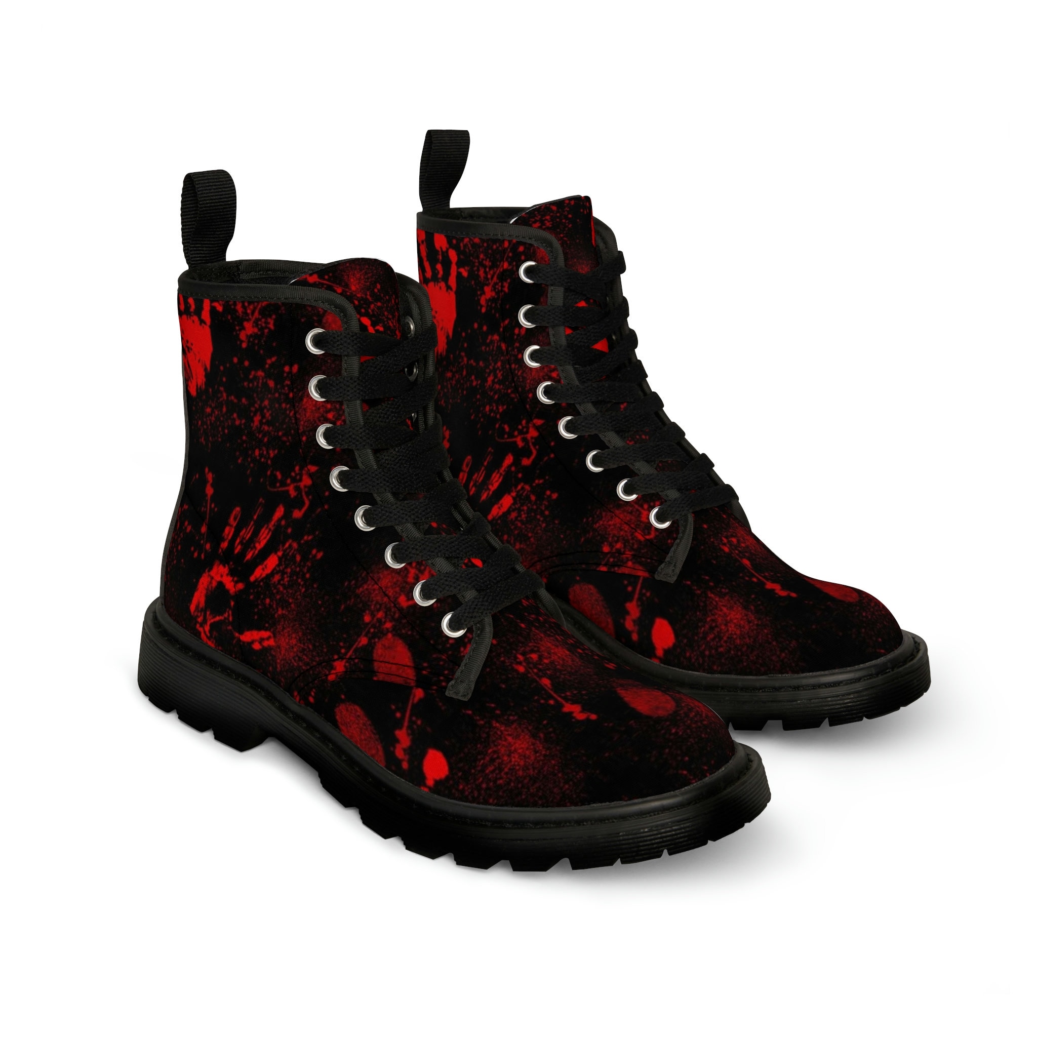 Crime Scene Bloody Hand Pattern Women's Combat Boots, Chunky Low Heel ...