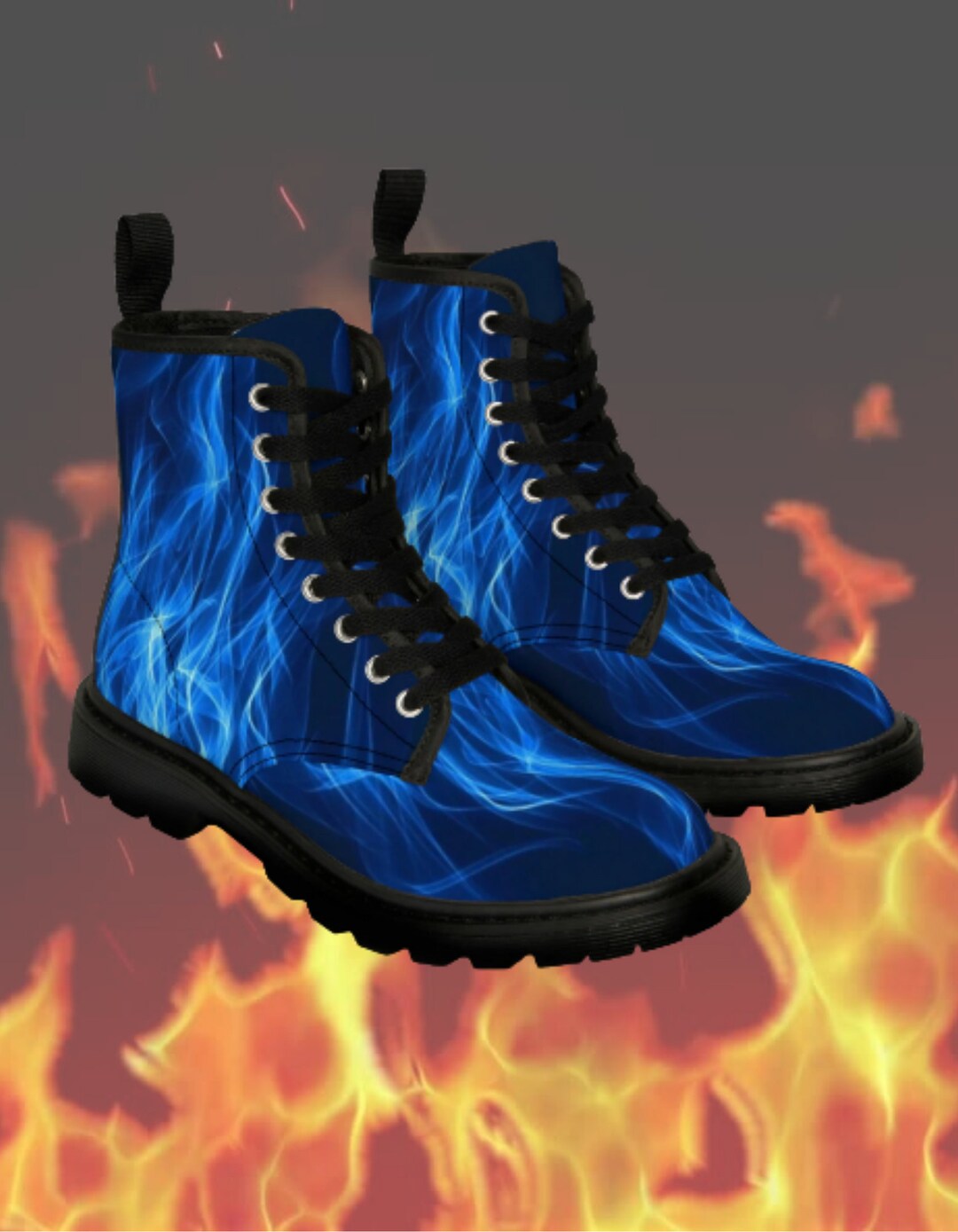 Men's Blue Fire & Flame Printed Chunky Low Heel Combat Boots, Firemen ...