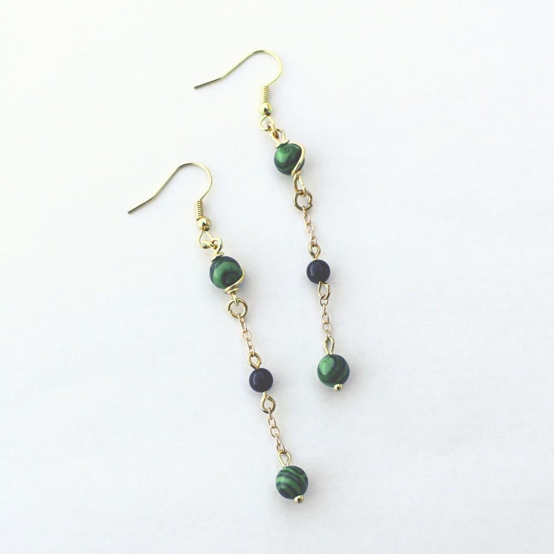 Malachite and Obsidian Swirl Dangle Drop Earrings | Green, Black, and ...