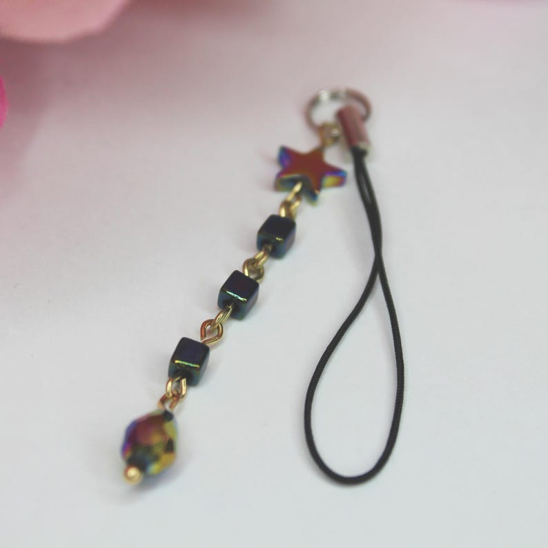 Holographic Star Cube Phone Charm – Cute Rainbow Black Beaded Wrist ...
