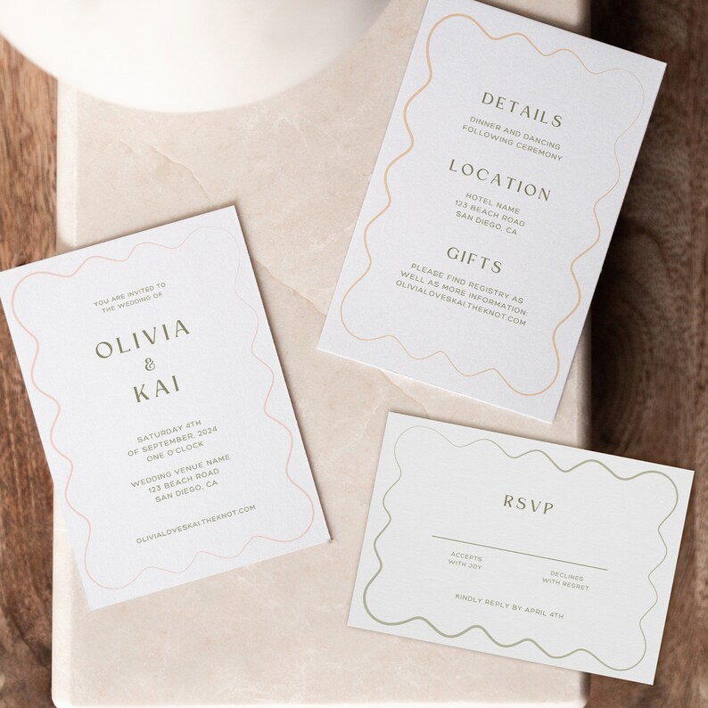 Olivia Wavy Wedding Invite Set | Canva Printable Template Invitation Download | Scallop Wavy ...