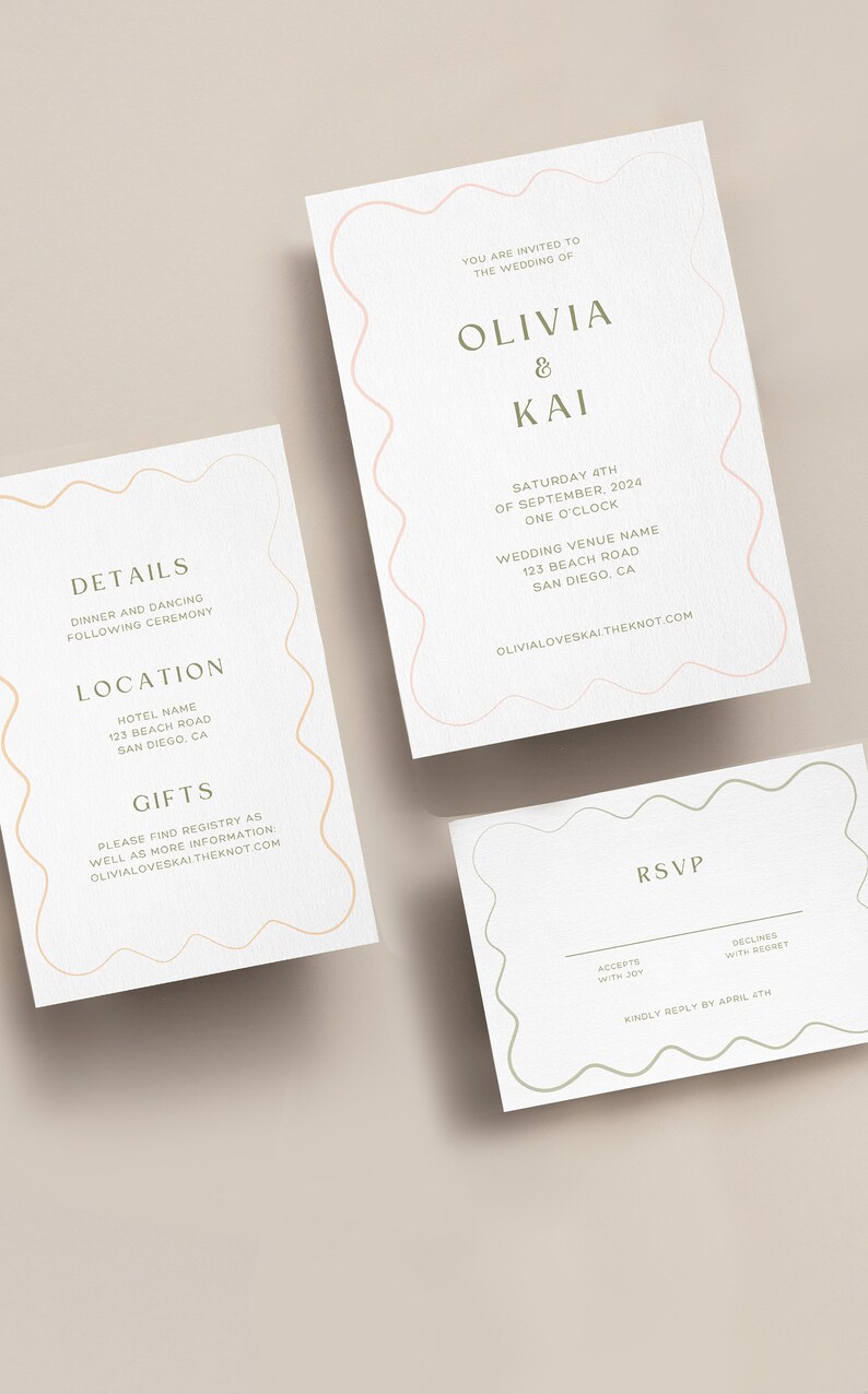 Olivia Wavy Wedding Invite Set | Canva Printable Template Invitation ...