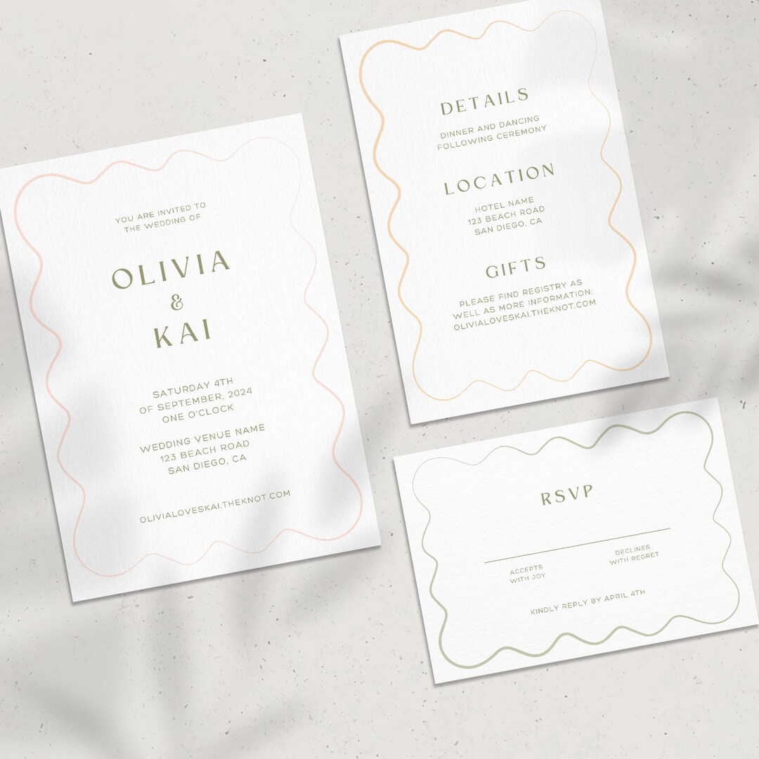 Olivia Wavy Wedding Invite Set | Canva Printable Template Invitation ...