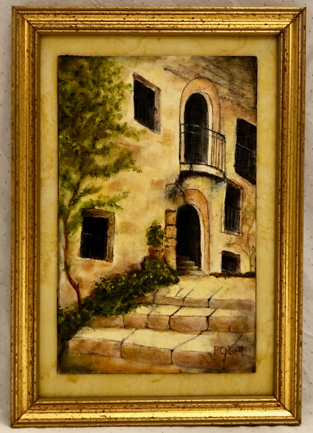 Tuscan Village Scene With Stone Steps is an Original Oil Painting on ...