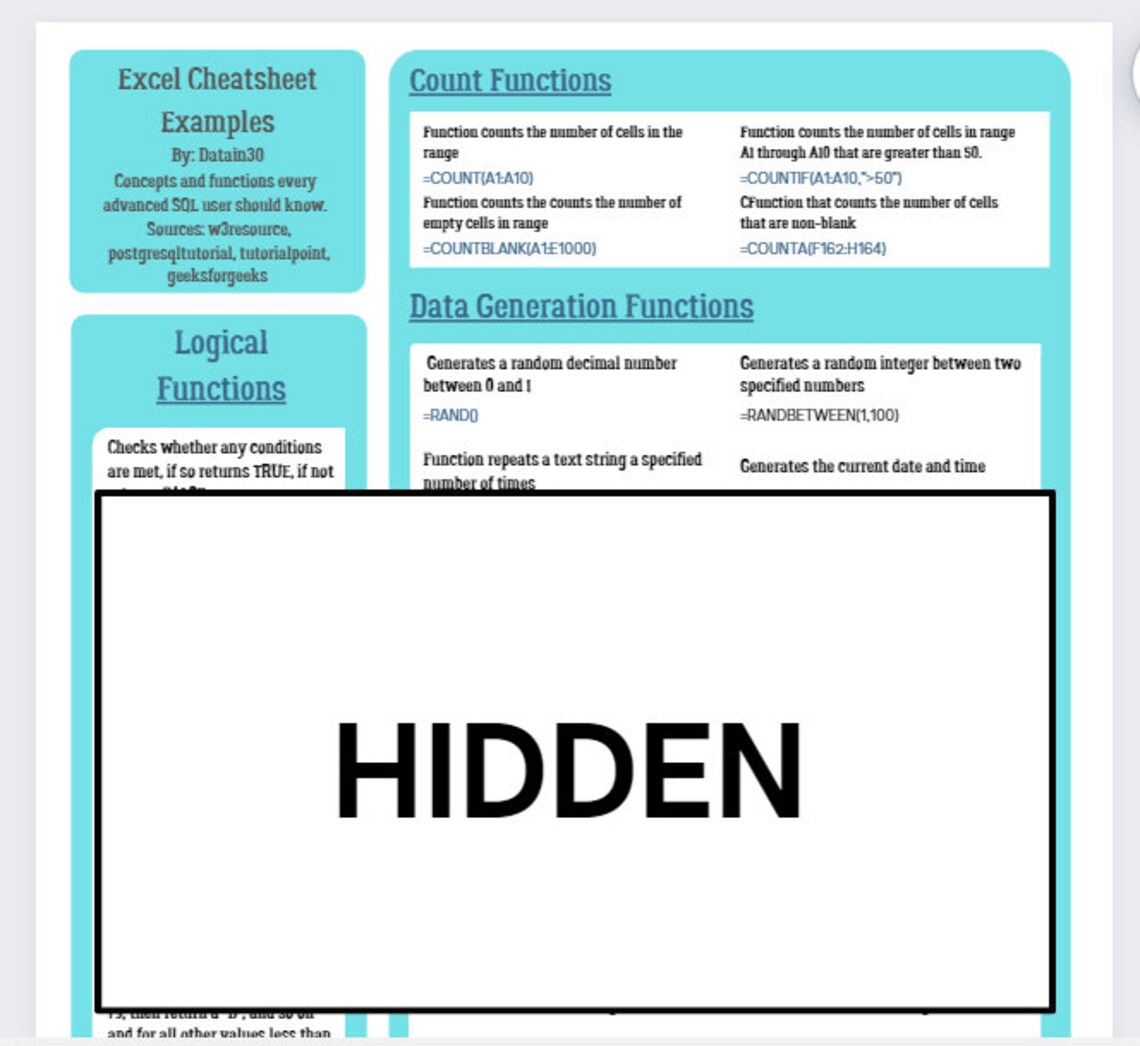 EXCEL CHEAT SHEET Data Analysis Functions Vlookup Index Match - Etsy