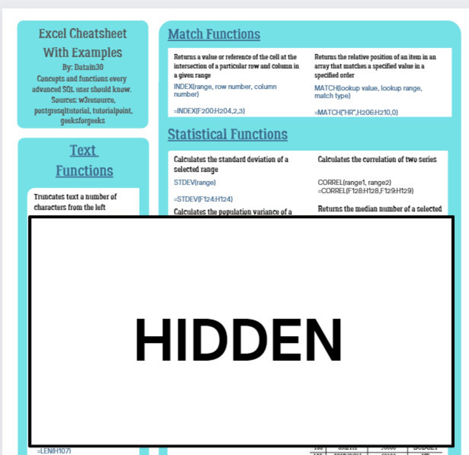 EXCEL CHEAT SHEET Data Analysis Functions Vlookup Index Match - Etsy