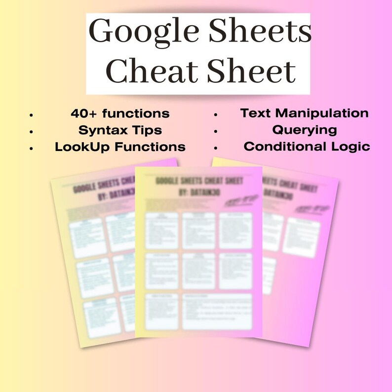 Google Sheets Cheat Sheet + Practice Questions | Data Analyst Guides | PDF Digital Download | 3 ...