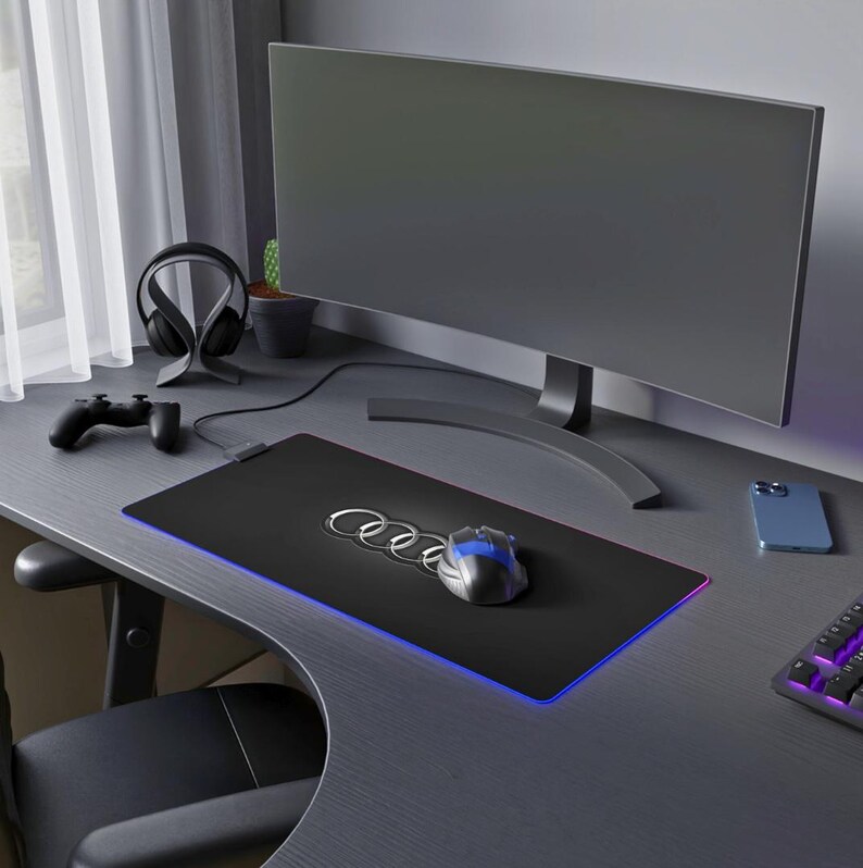 Audi Car Logo RGB LED Gaming Mouse Pad, White & Colorful Design, Gaming ...