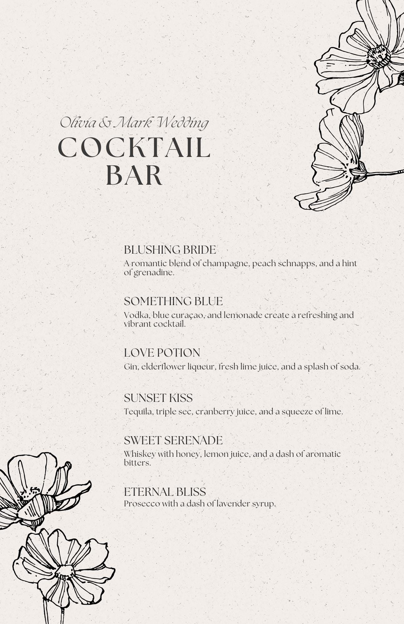 Wedding Cocktail Menu Template, Minimalist Printable Cocktail Menu ...