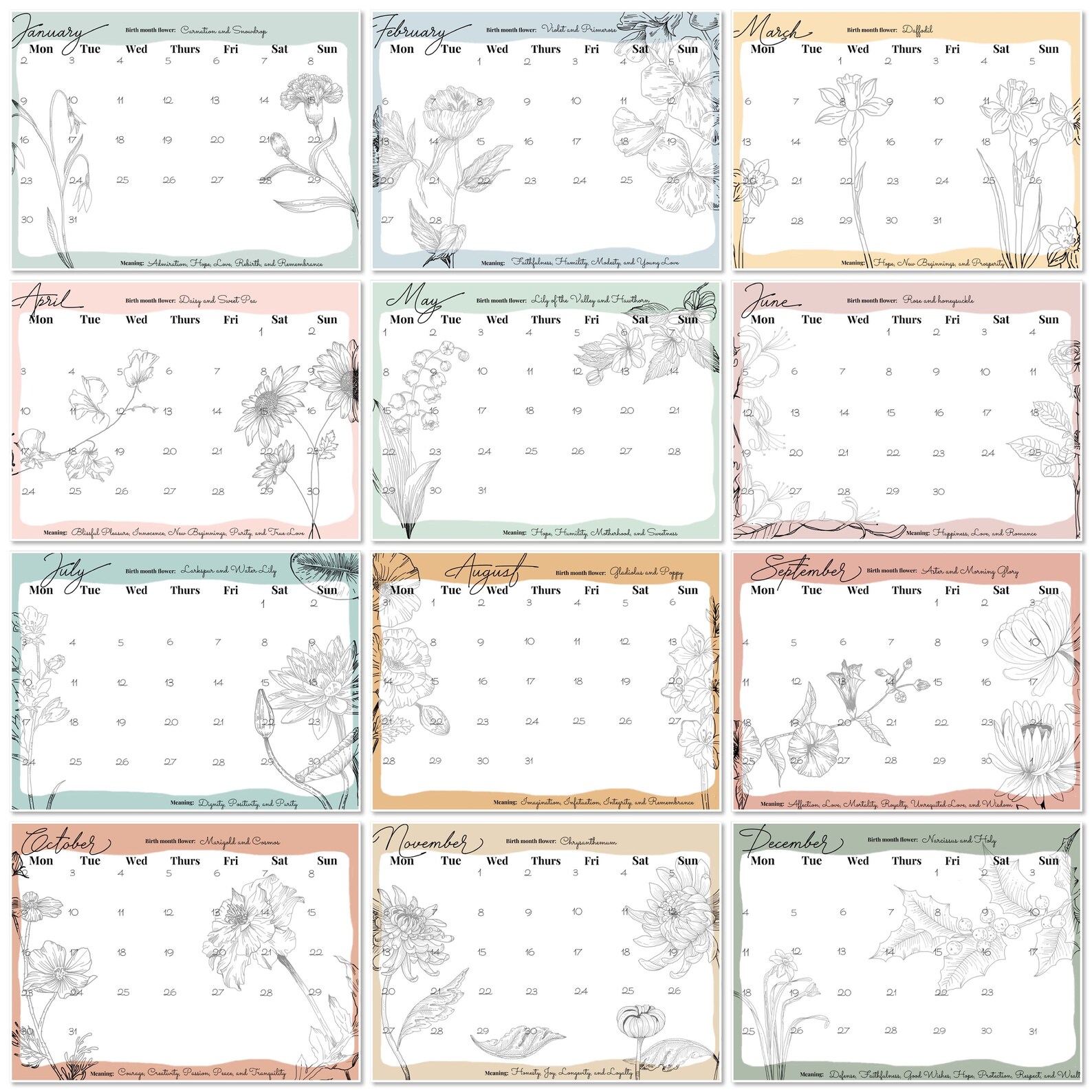Hand Drawn Birth Month Flower 2023 Calender Organiser Digital/pdf ...