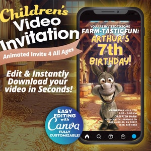 Farm Birthday Invitation - Editable Video Invite, Customizable Donkey ...