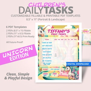 Kids Daily Checklist, Kids Daily Task Chart, Unicorn Design, Chore List ...