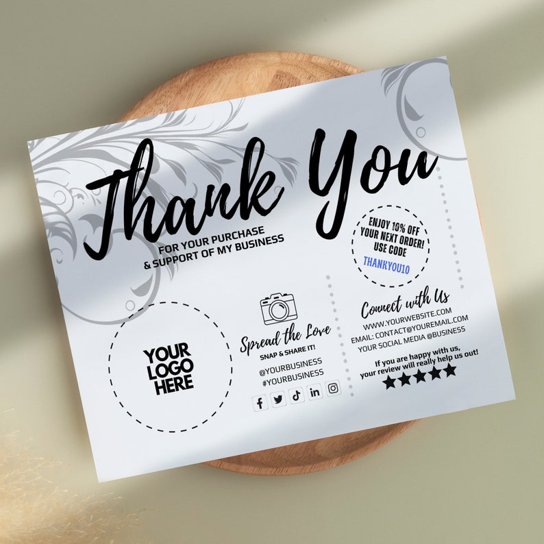Editable Business Thank You Insert Card Template,gray Floral Insert ...