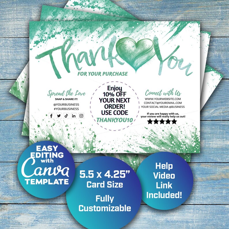 Editable Business Thank You Insert Card Template,green Grunge Insert ...