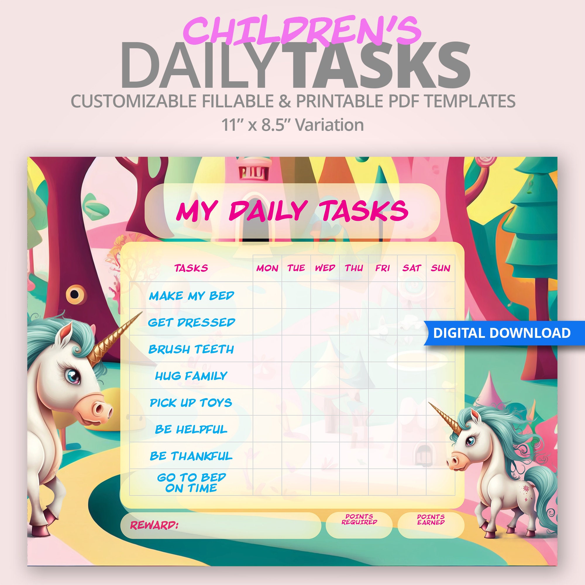 Kids Daily Checklist, Kids Daily Task Chart, Unicorn Design, Chore List ...