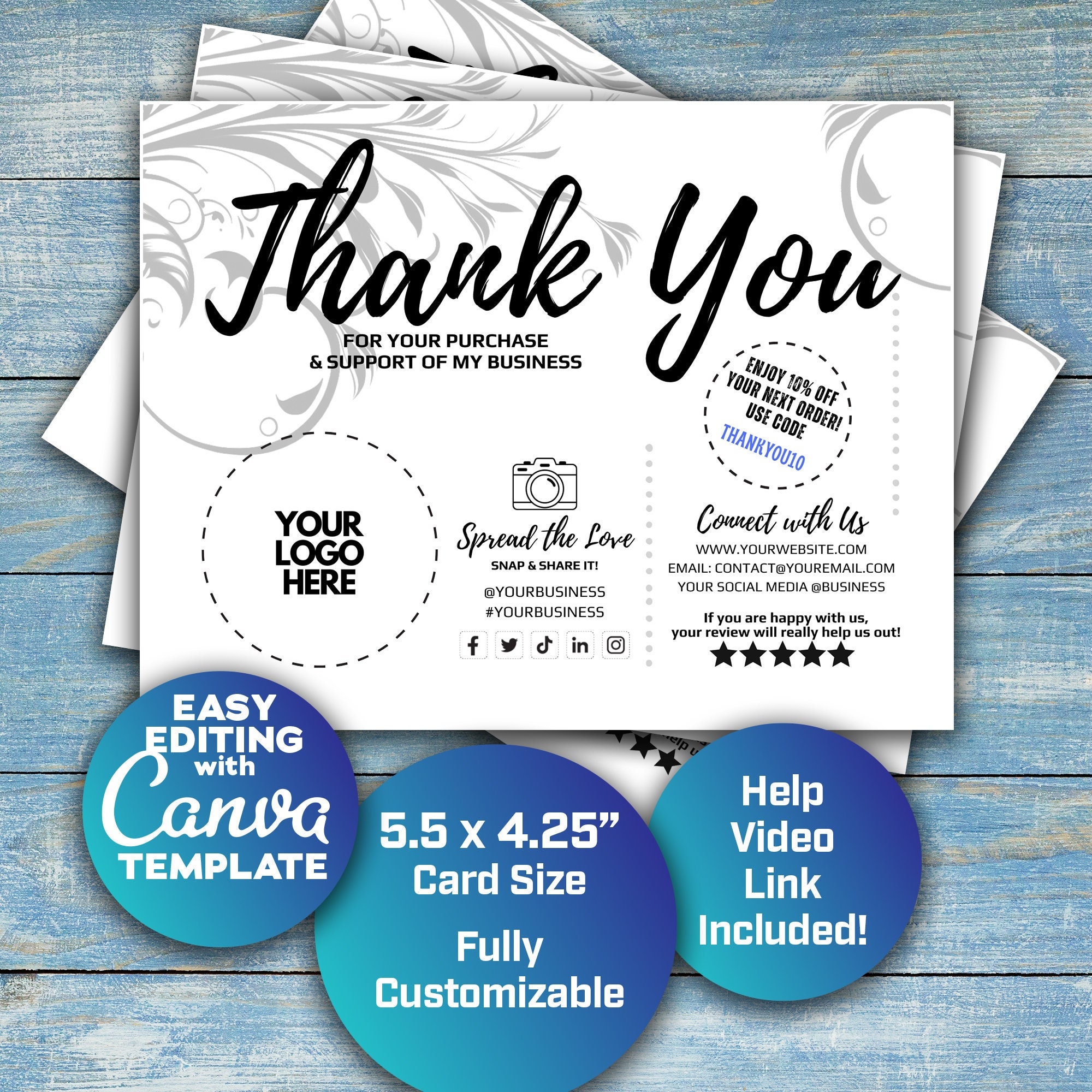 Editable Business Thank You Insert Card Template,gray Floral Insert ...