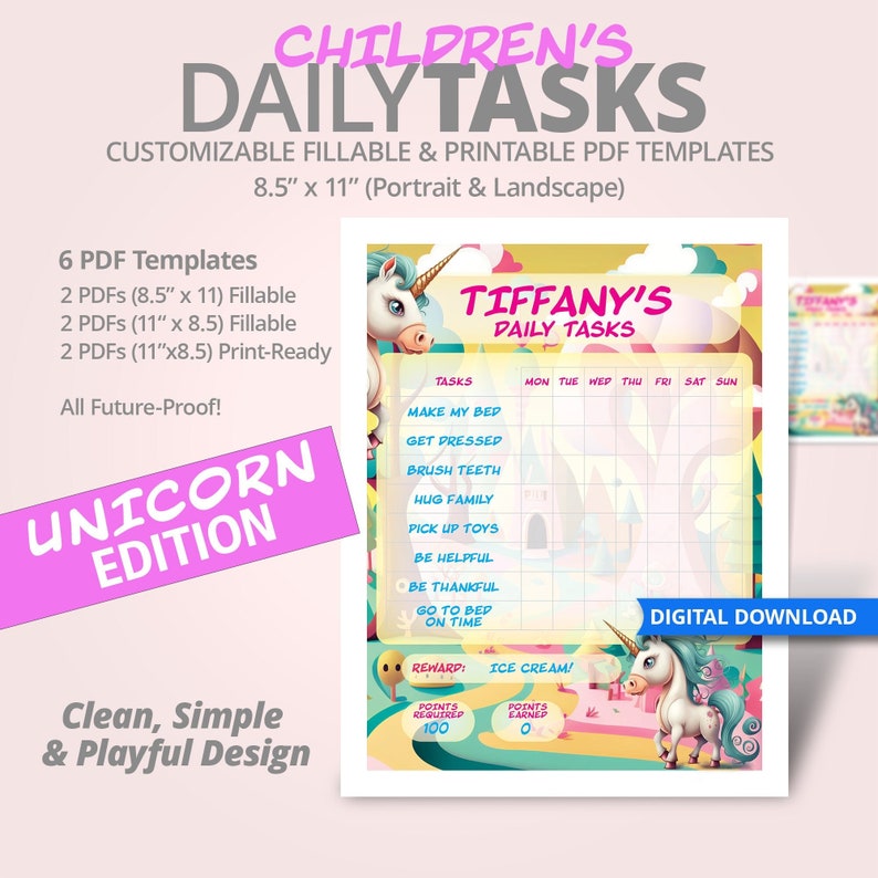 Kids Daily Checklist, Kids Daily Task Chart, Unicorn Design, Chore List ...
