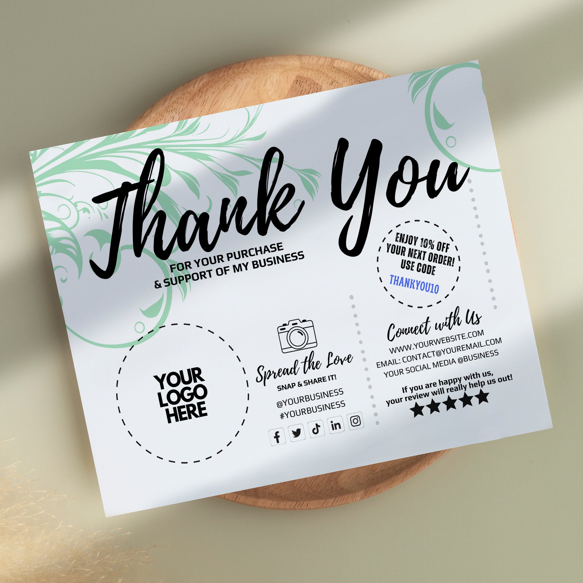 Editable Business Thank You Insert Card Template,green Floral Insert ...