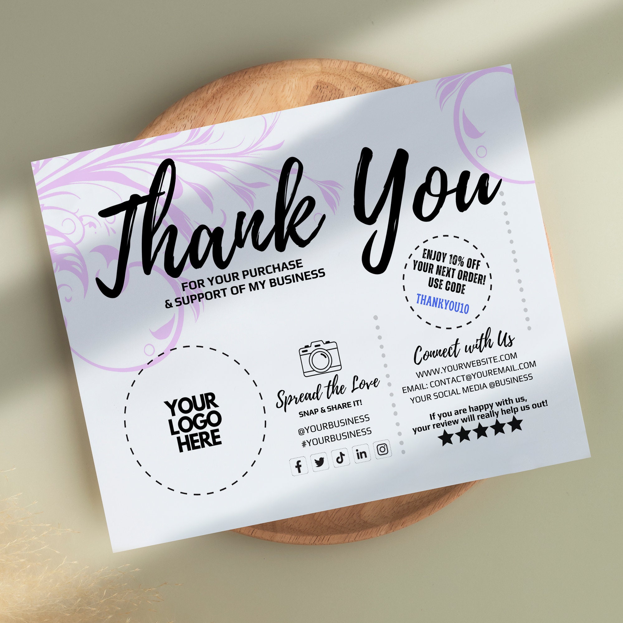 Editable Business Thank You Insert Card Template,pink Floral Insert ...
