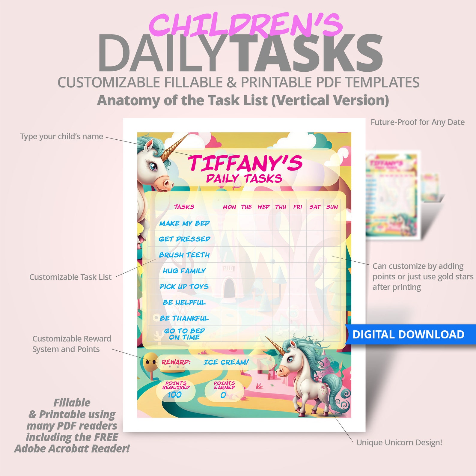 Kids Daily Checklist, Kids Daily Task Chart, Unicorn Design, Chore List ...